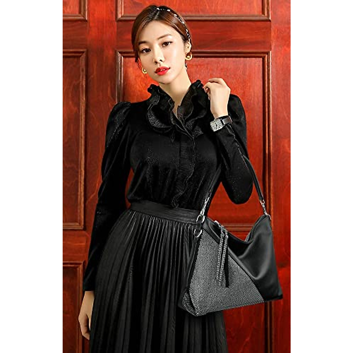 Women Shiny Rhinestone PU Leather Totes Hobo Bag Vintage Fashion Large Shoulder Bags Satchel Crossbody Bag