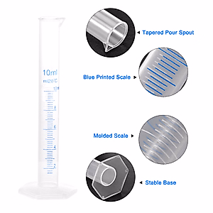 uxcell Plastic Graduated Cylinder, 10ml Measuring Cylinder, Science Test Tube Beakers, 2-Sided Metric Marking, Clear Hex Base for Lab Home 12Pcs