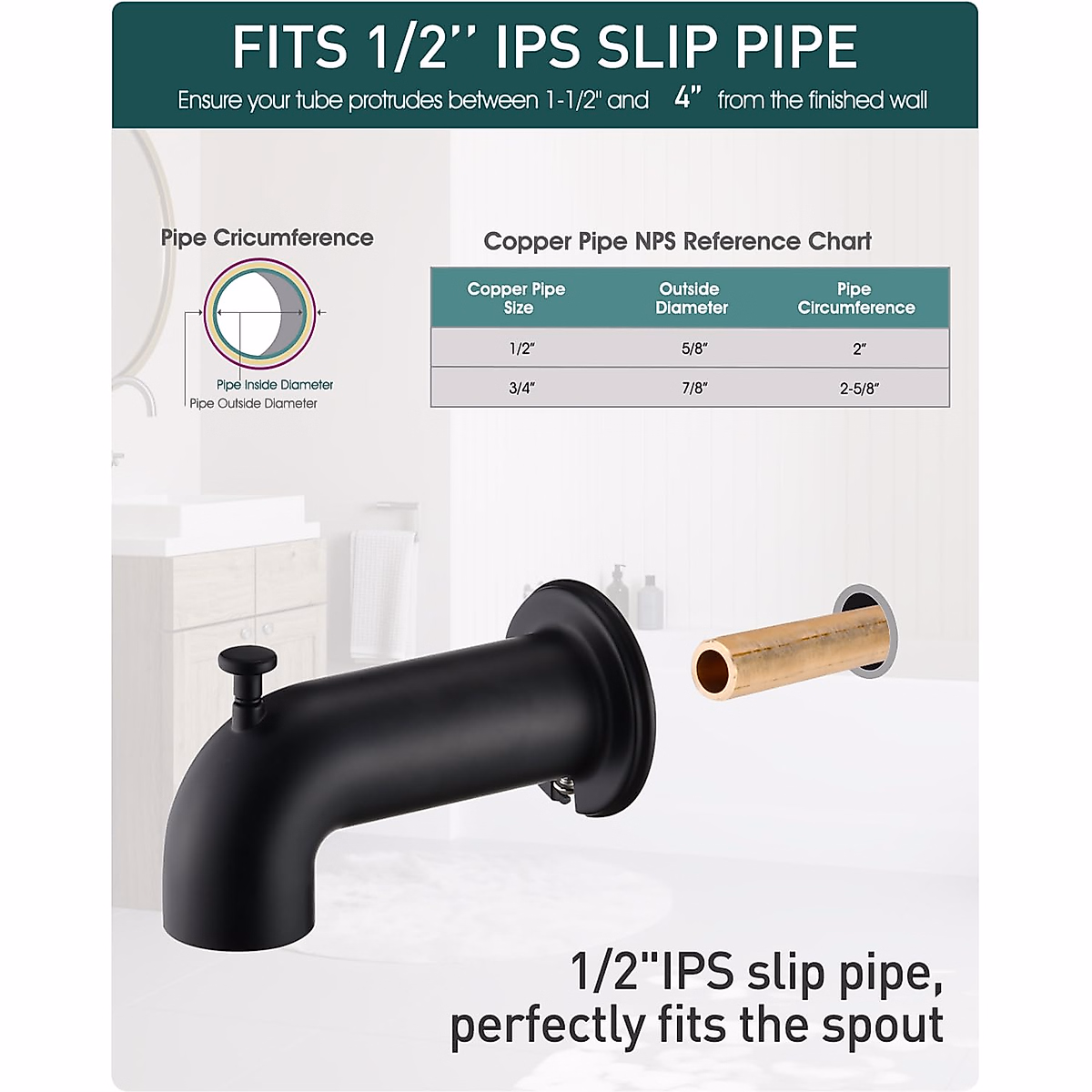 LOCALAND Slip-On Extra Long Tub Spout with Diverter, 1/2 Inch Slip Fit Connection,Matte Black