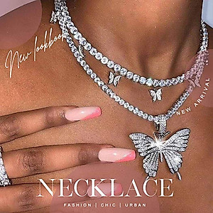 EARENT Rhinestone Butterfly Choker Necklace Crystal Butterfly Pendant Necklaces Chain Sparkly Neck Jewelry for Women (A-Silver)