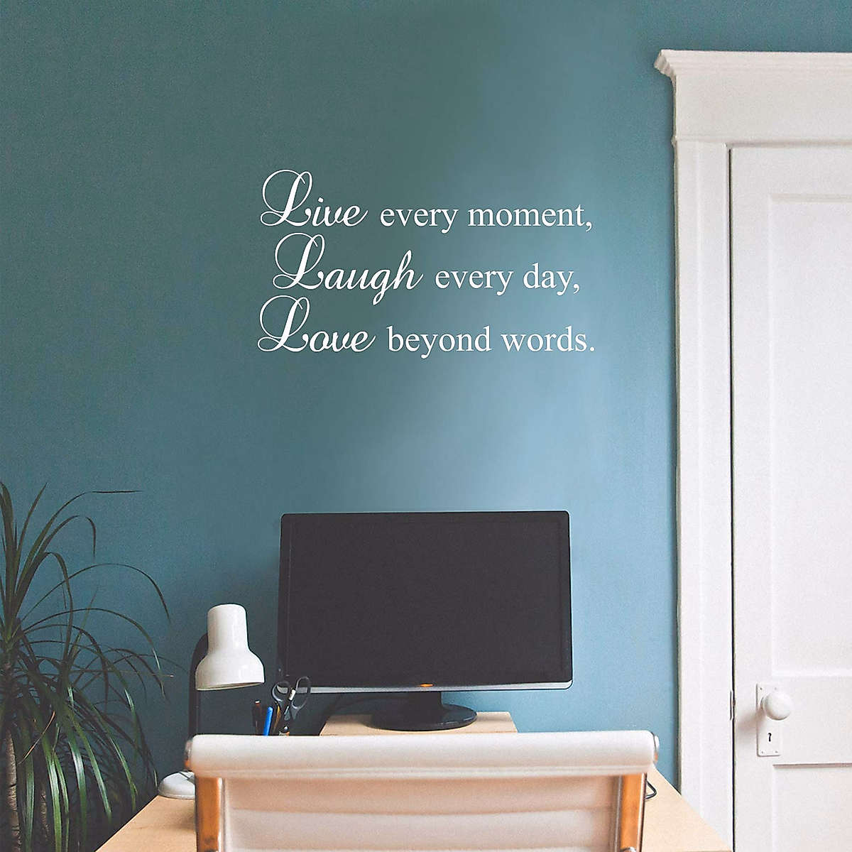 Vinyl Wall Art Decal - Live Every Moment, Laugh Every Day, Love Beyond Words - 14" x 25" - Trendy Cute Inspirational Quote Sticker for Bedroom Playroom Kids Room Office Coffee Shop Decor (White)