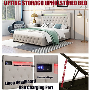 Queen Lift Storage Bed Upholstered Bed, Luxury Bed Frame With LED Light Bluetooth Player And USB Charging,Adjustable Linen Fabric Headboard,Hydraulic Storage Platform Bed For Kids Teen Adults (Beige)