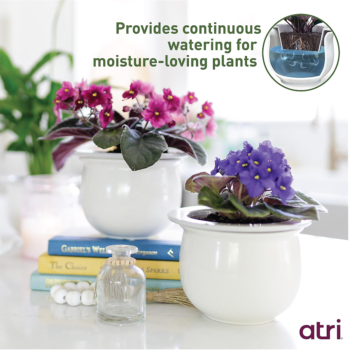 African Violet Pots Ceramic 6.5”W x 4.6”H Self Watering Planter for Indoor Flowers and Plants – White Glazed Outer Plant Pot with Highly Absorbent Inner Planter Pot for Tropical Plants