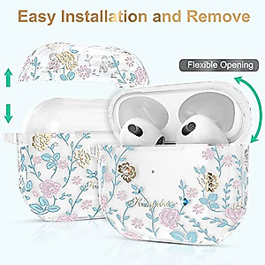 KINGXBAR Compatible with AirPods 3rd Generation Case, Cute Floral Clear Soft TPU Shockproof Protective Cover for Women Girls with Keychain for Apple AirPods 3 2021 Charging Case (Blue)