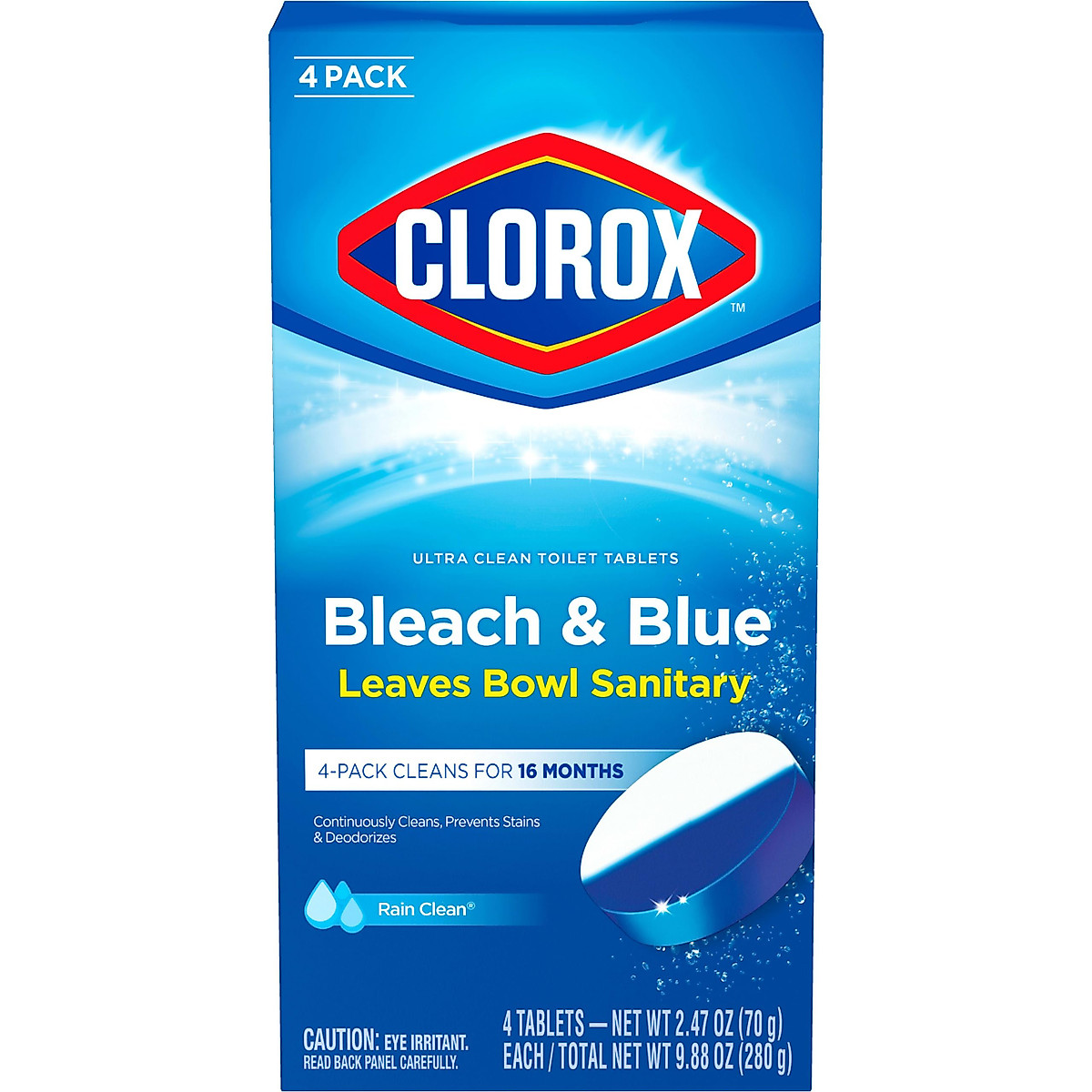 Clorox Ultra Clean Toilet Tablets Bleach & Blue, Rain Clean Scent 2.47 Ounces Each, 4 Count (Package May Vary)
