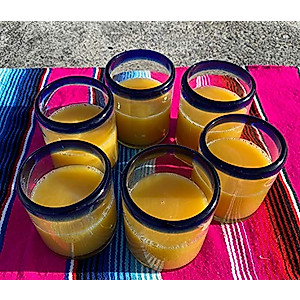Hand Blown Mexican Drinking Glasses - Set of 6 Tumbler Glasses with Cobalt Blue Rims (10 oz each)