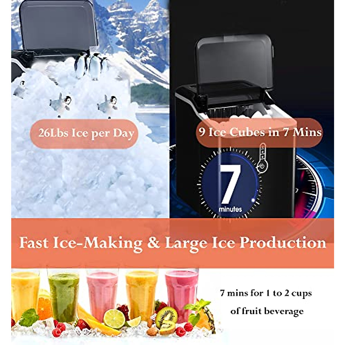 PRESTIGE CARTRIDGE26Lbs Portable Ice Maker, Compact Ice Maker Countertop Machine, 9 Ice Cubes Ready in 7 Mins, 26lbs Per Day, Bullet Shape Ice, 1.5L Electric Ice Maker, for Party Home Camping(Black)