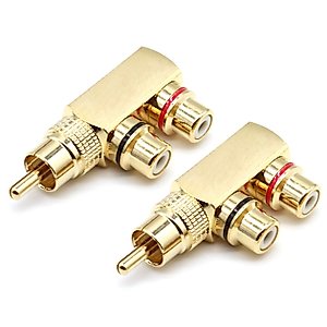 LOCHSOEL RCA Splitter Adapter,Right Angle RCA Male to 2 RCA Female AV Splitter Adapter Gold Plated Connector(2Pack)