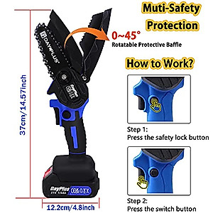 Mini Chainsaw Cordless Electric Chain Saw, Pruning Shears Saw, Portable & Lightweight & 4" One-Hand Handheld for Garden Tree Branch Trimming Wood Cutting(1 Battery, 2 Chains, 1 Charger)