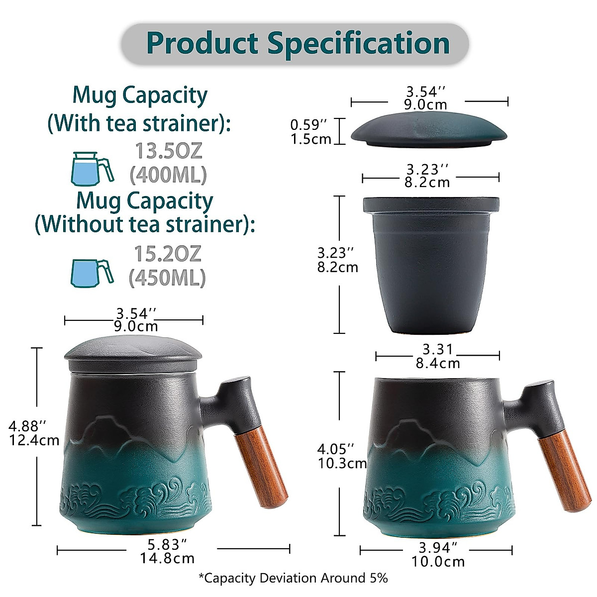 ZENS Tea Cup with Infuser and Lid, Wood Handle Loose Leaf Tea Steeper Mug, 15.2 Ounces Gradient Embossed Ceramic Tea Strainer Mug for Gifts, Black&Green