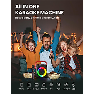 Karaoke Machine with Two Wireless Microphones, Portable Karaoke Machine for Adults & Kids, Portable Bluetooth Speaker with PA System, LED Lights, Supports TF Card/USB, AUX in, FM, USB,TWS (Red)…