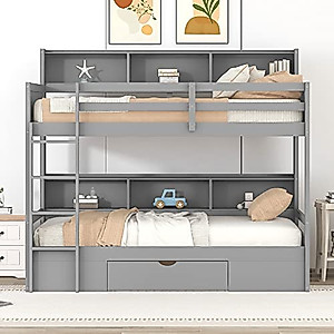Merax Twin Size Bunk Bed with Built-in Shelves Beside Both Upper and Down Bed and Storage Drawer, Twin Over Twin Solid Wood Bed Frame for Teens, Grey