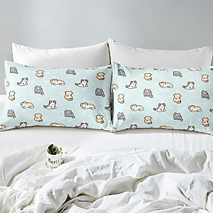 Cartoon Cat Comforter Set for Girls Kids Kawaii Cats Print Comforter Cute Kitten Animal Room Decorative Bedding Set Cat Lover's Gift Green Duvet Set Twin Size 2Pcs Quilt Set