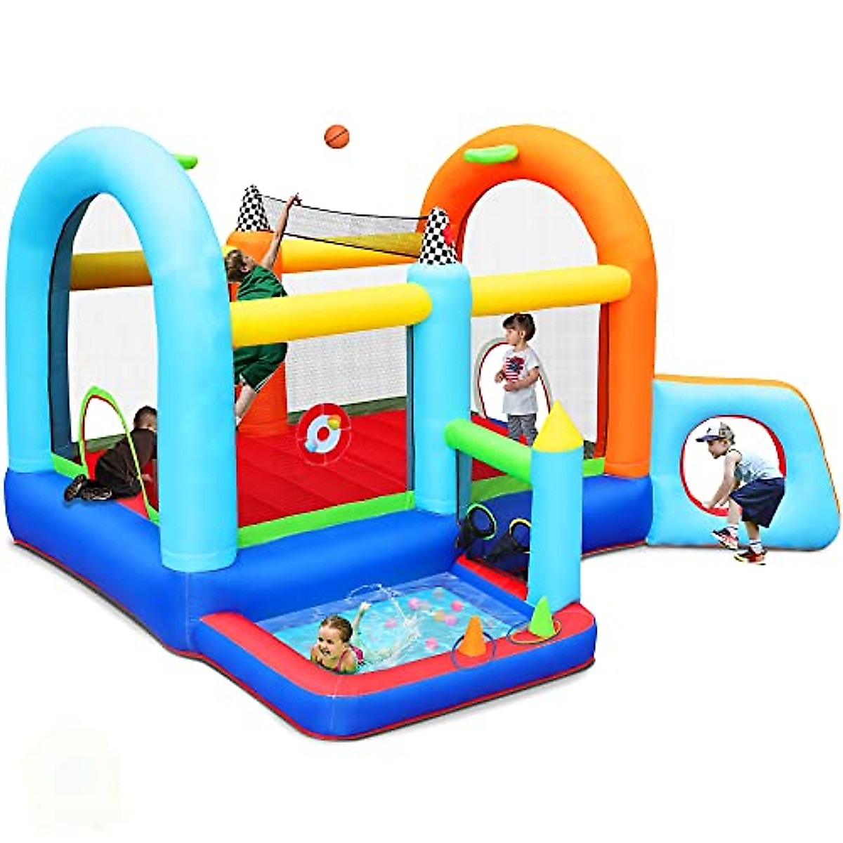 MUSHOW Inflatable Jumper Bounce House, Playground Backyard Playhouse Park Jumping Castle with Splash Pool, Beach Volleyball Plus Heavy Duty Blower for Kids Park Jumping Outdoor Fun