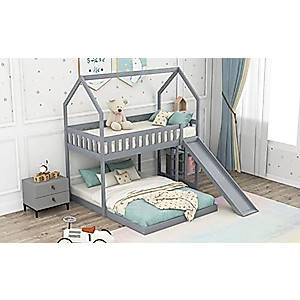 GLORHOME Twin Over Full House Bunk Bed， Detachable to Floor Bedframe and A Loftbed, with Slide, Built-in Ladder,Full-Length Guardrail for Kids Adults,Roof can be Decorated