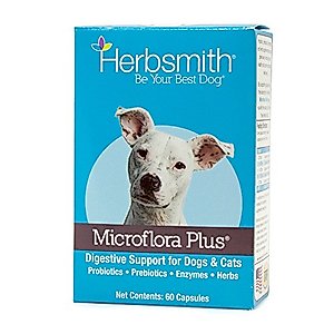 Herbsmith Microflora Plus – Dog Digestion Aid –Probiotics and Digestive Enzymes for Dogs – Prebiotic for Dogs – 60 Capsules