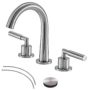 VESLA HOME Modern Brushed Nickel 3 Hole Bathroom Faucet Widespread, 2 Handle Lavatory Vanity Stainless Steel Bathroom Sink Faucet with Pop-up Drain and Water Hoses
