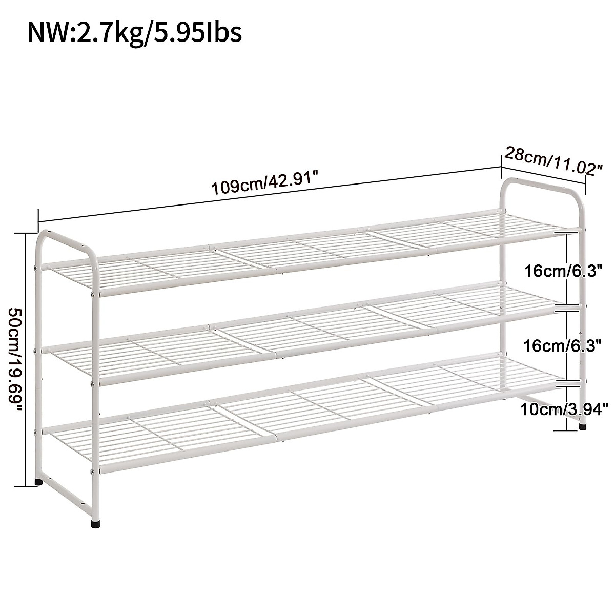 YMYNY Freestanding Shoe Racks, 3 Tiers Stackable & Adjustable Shoe Storage Shelf, Extra Large Capacity Shoe Organizer Stand for 20-24 Pairs, for Entryway, Closet, Bedroom, White, 42.9" L, UHXJ302W