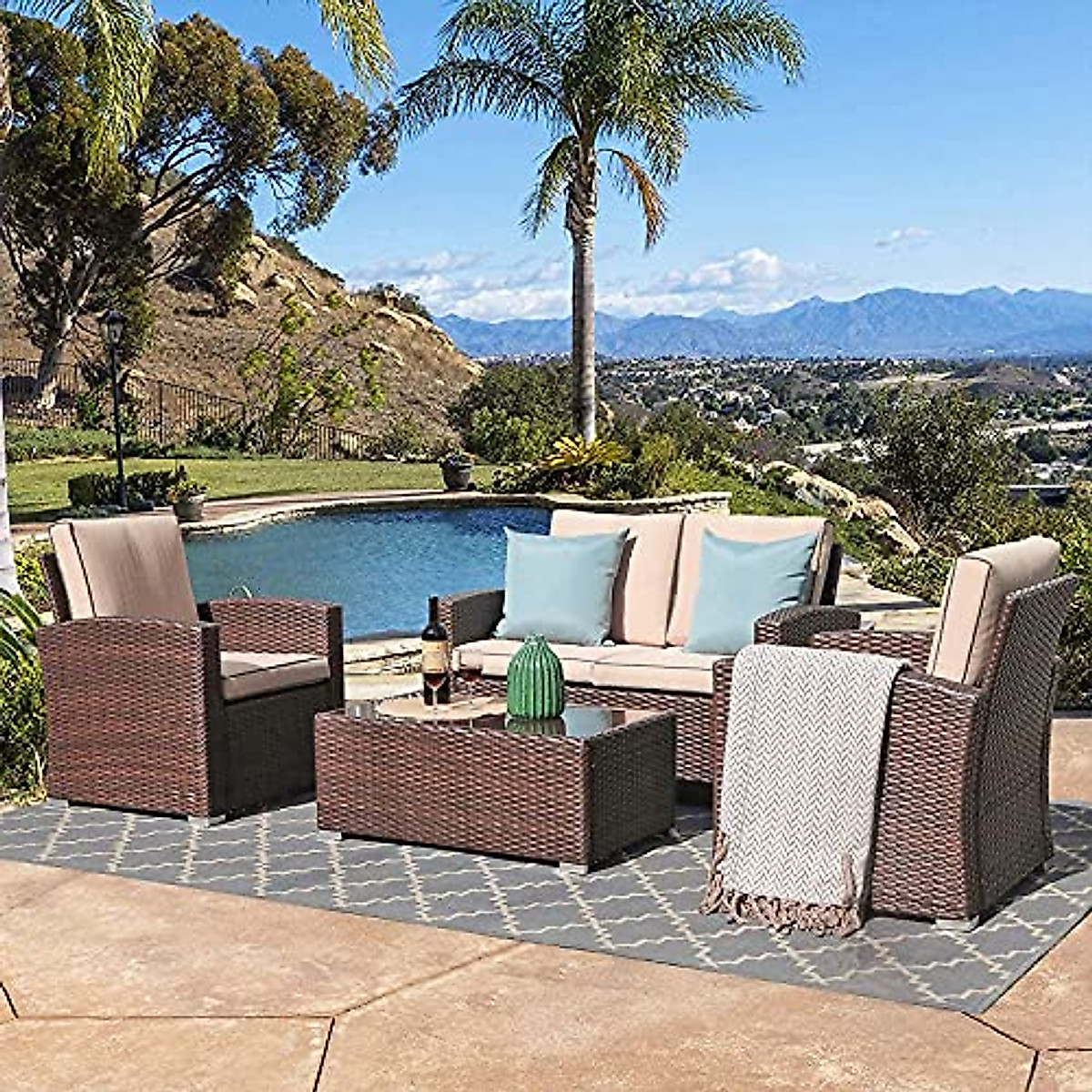 JOIVI Patio Furniture Set, 4 Piece Outdoor Patio Conversation Set, All-Weather PE Rattan Wicker Sectional Patio Sofa Set with Tempered Glass Coffee Table, Brown