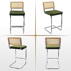 Zesthouse Modern Counter Height Stools, 24'' Natural Rattan Barstools Set of 2, Velvet Kitchen High Chairs with Backs, Mid Century Cantilevered Design Counter Chairs Island Stools, Green