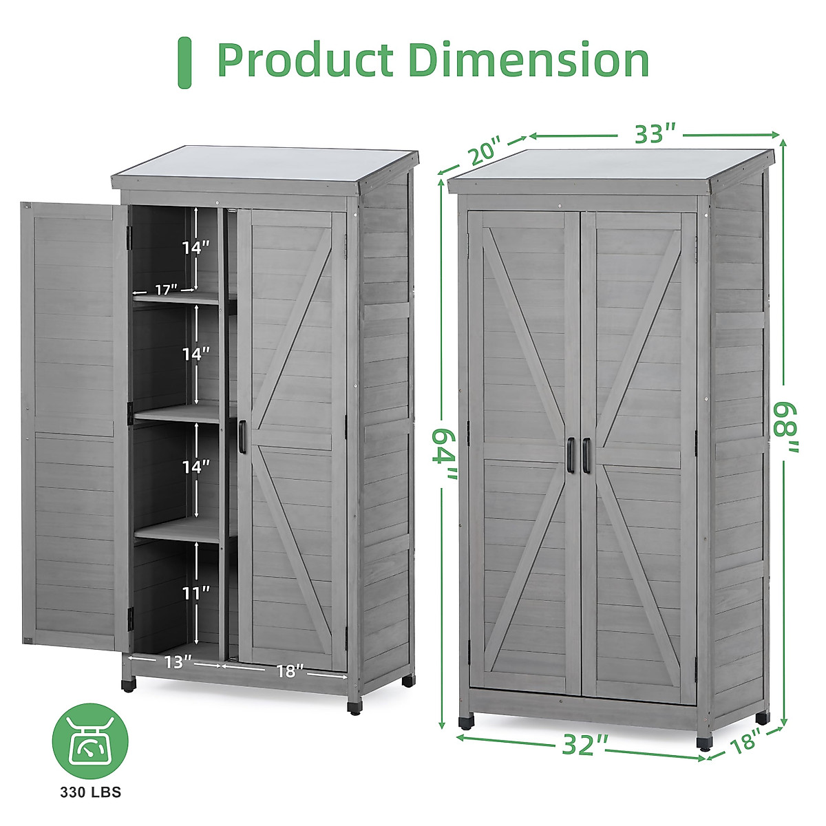 Outdoor Wooden Storage Shed with Metal Top, Tall Vertical Tool Cabinet for Backyard Garden Patio Lawn