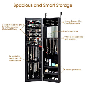 Giantex Jewelry Armoire Cabinet Wall Door Mounted with Full Length Mirror, Jewelry Organizer with Makeup Mirror, Ring Earring Slots, Necklace Hooks, Large Capacity Storage Jewelry Armoire (Black)