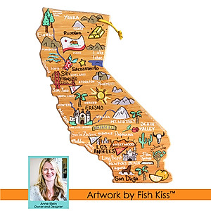 Totally Bamboo California State Shaped Cutting Board and Charcuterie Serving Platter with Artwork by Fish Kiss, Includes Hang Tie for Wall Display