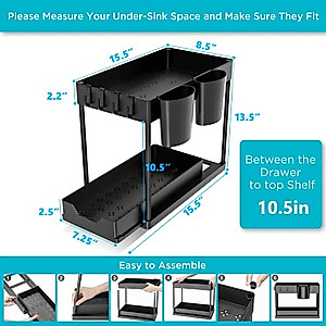 2 Pcs 2-Tier Under Sink Organizers and Storage with Bottom Pull Out Drawers, Towels Hooks and Hanging Cups, Bathroom/Kitchen Multipurpose Miscellaneous Supplies Organization And Storage Rack