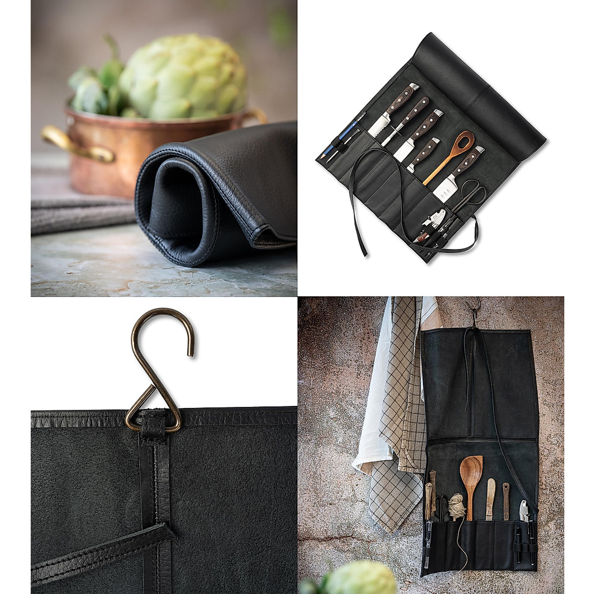 Leather Knife Roll Bag for Chef`s - Premium Knife Roll Case made of Genuine Water-Buffalo Leather – knives storage Bosse (black)