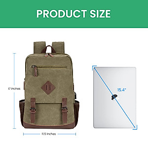 Modoker Vintage Backpack for Men Women, Canvas Bookpack Fits Most 15.6 Inches Computer and Tablets, Rucksack Backpack with USB Charging Port, Army Green