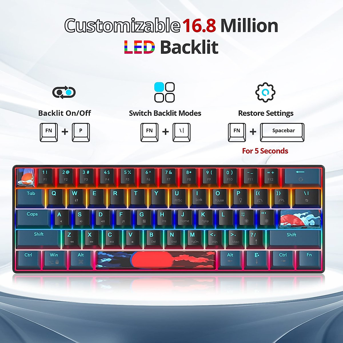 Mosptnspg Protable 60% Percent Gaming Keyboard Mechanical, Mini Compact RGB Backlit 61 Keys Wired Office Keyboard with Red Switch for Mac/Win (Monstor Black/red Switch 61)