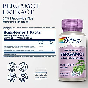 SOLARAY Vital Extracts Bergamot 500 mg, 25% Flavonoids Plus Berberine HCl Extract from Indian Barberry, AMPK Activator & Ketone Synthesis Support, Vegan, 30 Servings, 60 Vegcaps