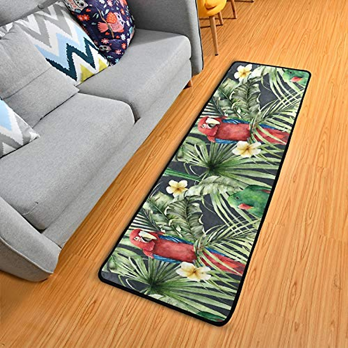 ALAZA Tropical Pattern with Parrots Hibiscus Leaves Runner Area Rug Non Slip Floor Mat for Hallway Entryway Living Room Bedroom Dorm Home Decor 72x24 inches
