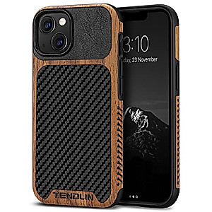 TENDLIN Compatible with iPhone 13 Case Wood Grain with Carbon Fiber Texture Design Leather Hybrid Case Compatible for iPhone 13 6.1-inch Released in 2021 Black