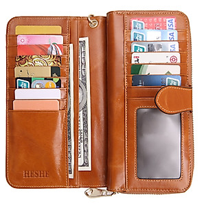 HESHE Wallet Purse for Women Leather Wristlet Wallet Zipper Credit Card Holder Rfid Wallet with Phone Pocket (Camel-E)