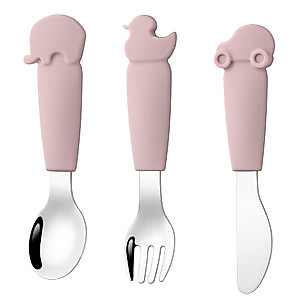 Toddler Fork and Spoon Set, Baby Fork and Spoon Knife Set, Toddler Baby Utensils Set, Stainless Steel Toddler Utensils (Pale Mauve)