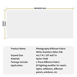 Meking Diffusion Fabric Light Silk White Seamless Nylon 4.3 x 1.8 Yard /4 x 1.7M Foldable Diffusion Sheet for Light Tent, Strobe Light, Lighting Light Modifier and Other Photographic Equipment