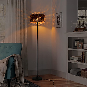 Casamoon Farmhouse Rattan Floor Lamp for Bedroom, Water Lettuce Hand-Knitting Shade Tall Standing Light for Living Room Corner Lighting, Mid Century Rustic Vintage Home Décor, Black