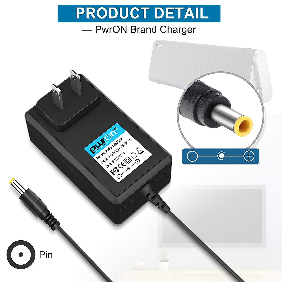 PwrON AC to DC Adapter Compatible with Sony SRSX5 SRSX5/WHT SRSX5/RED SRSX5/BLK SRSBTX300 SRSBTX300/WHT SRSBTX300/BLK SRS-BTX300 AC-S125V25A Portable NFC Bluetooth Wireless Speaker System