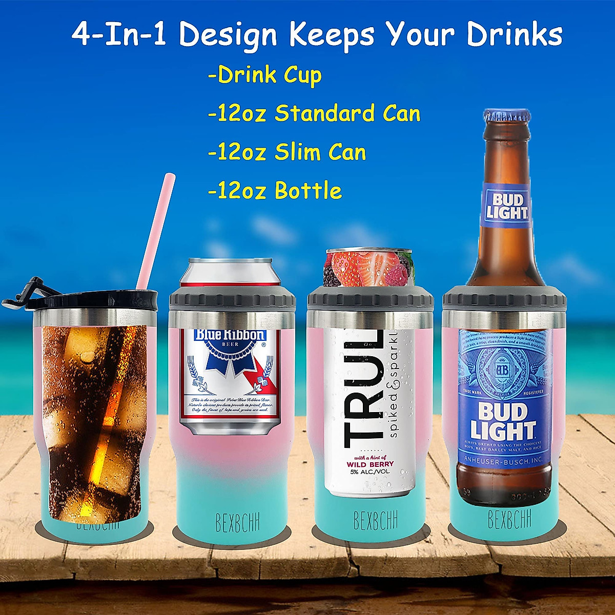 Bexbchh 4-in-1 Slim Can Cooler for 12oz Cans and Beer Bottles,Stainless Steel Double-Wall Insulated Beer Cooler,Universal Beverage Can Holder Keep Drinks Cold,Can Coozie Insulated for Beer, Soda