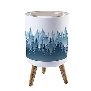 Small Trash Can with Lid for Bathroom Kitchen Office Diaper misty forest landscape detailed blue silhouettes coniferous trees Bedroom Garbage Trash Bin Dog Proof Waste Basket Cute Decorative