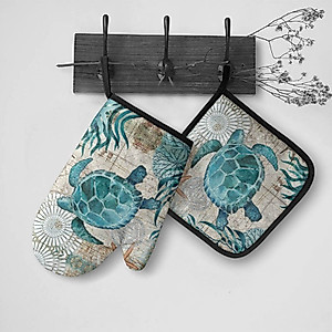 Marine Life Theme Sea Turtle Oven Mitts and Pot Holders Sets,Heat Resistant Non Slip Kitchen Gloves Hot Pads with Inner Cotton Layer Oven Gloves for Cooking BBQ Baking Grilling