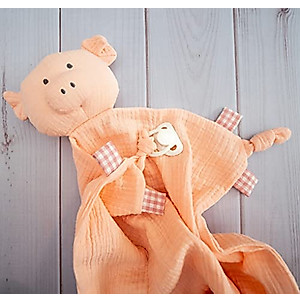 Ickles Pig Baby Lovey Security Blanket Organic Cozy Soft Muslin 100% Cotton Blanket for Girls and Boys Unisex Animal Design Warm Peach Lightweight Easy Care