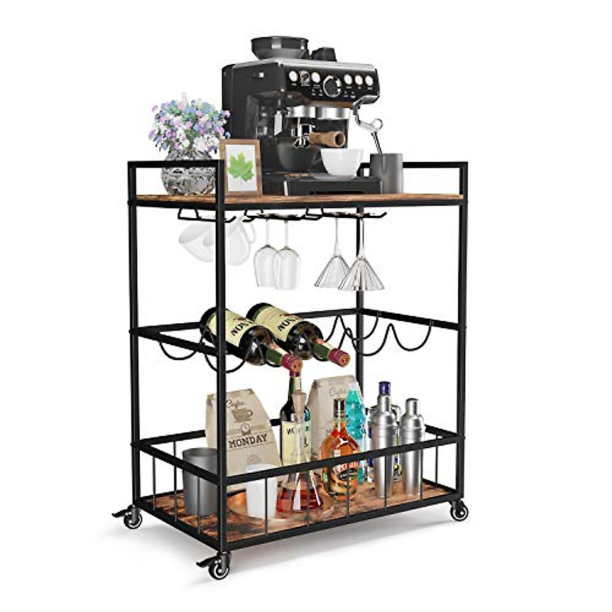 Industree Serving Cart on Wheels, 3-Tier Bar Cart with Wine Rack, Modern Wood and Metal Portable Coffee Cart Table for Home, Romantic Rustic Brown and Elegant Black, Family Party Cart(Max)