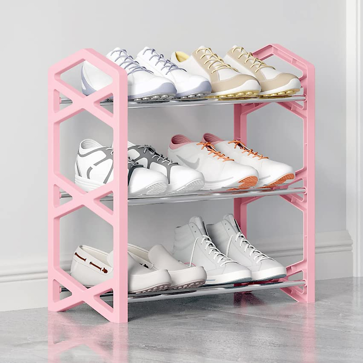 SHELAKET Upgrade 3-Tier Small Shoe Rack, Metal Lightweight 5-7 Pairs Shoe Shelf Storage Organizer for Entryway, Hallway and Closet（Pink）