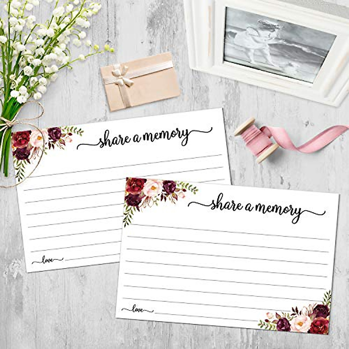 321Done Share a Memory Card (50 Cards) 4" x 6" Floral Red Roses - for Wedding Memorial Funeral Graduation Bridal Shower Celebration of Life Birthday Anniversary - Made in USA - White