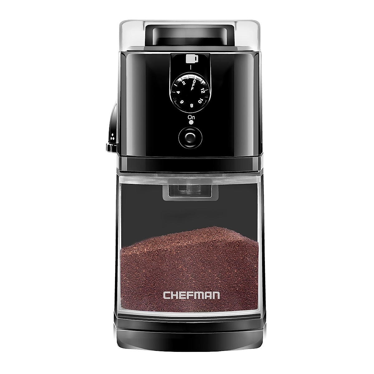 Chefman Coffee Grinder Electric Burr Mill - Freshly Grinds Up to 2.8oz Beans, Large Hopper with 17 Grinding Options for 2-12 Cups, Easy One Touch Operation, Cleaning Brush Included, Black