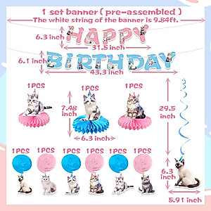 Pre-assembled Cat Birthday Party Supplies Cat Birthday Party Decorations Banner with 6 Cat Hanging Cutouts 6 Hanging Swirl Decor and 3 Birthday Honeycomb for Kids Girls Party Decorations