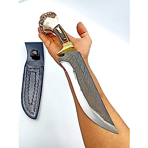 Antler Bowie Knife , 5160 Forged Steel Hunting Knife with Leather Case , Survival Knife , Camping Knife , Tactical Fixed Blade Knife , Collectible Knife , Collectors Knife