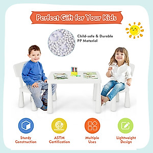 COSTWAY 3-Piece Kids Table and Chairs Set, Lightweight Plastic Children Activity Center for Reading, Writing, Painting, Snack Time, Kids Furniture Art Study Desk & Chairs Set for Ages 1-7 (White)